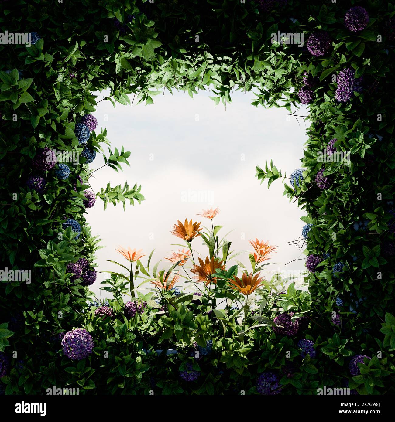 exit from the dark into a green, healthy and lush landscape - 3d ...