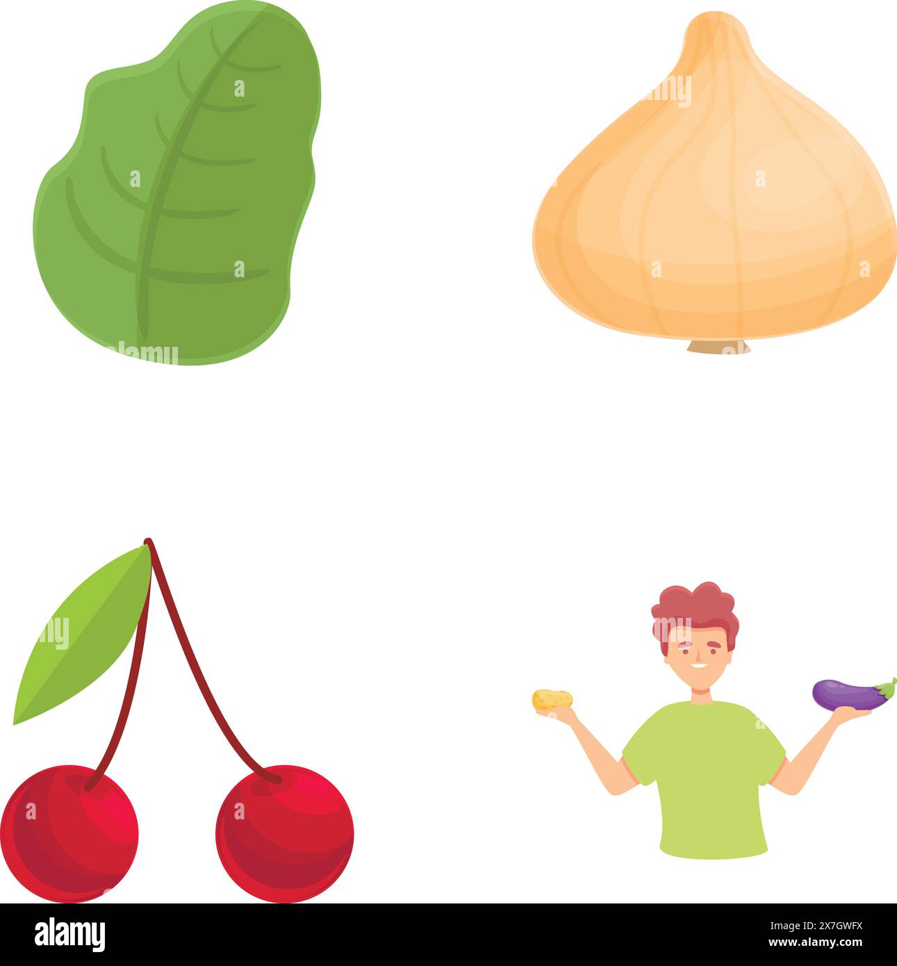 Healthy eating icons set cartoon vector. Man eating fruit and vegetable. Diet, organic nutrition ...