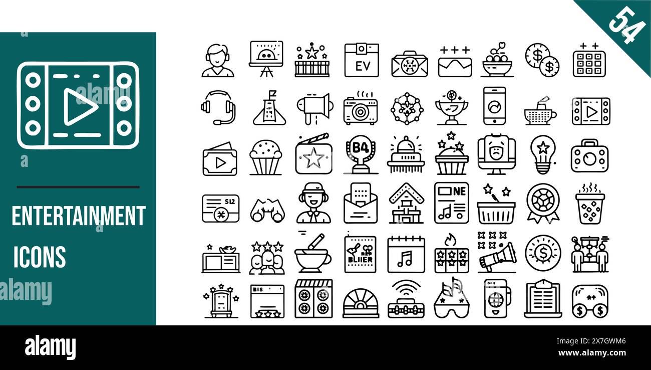 Set of entertainment line icons. Collection of thin outline icons. Vector illustration. Editable ...