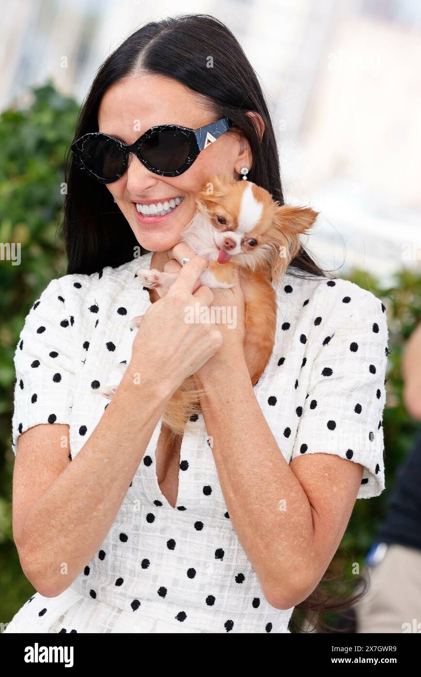 Demi Moore and Pilaf the dog pose at the photo call of 'The Substance ...