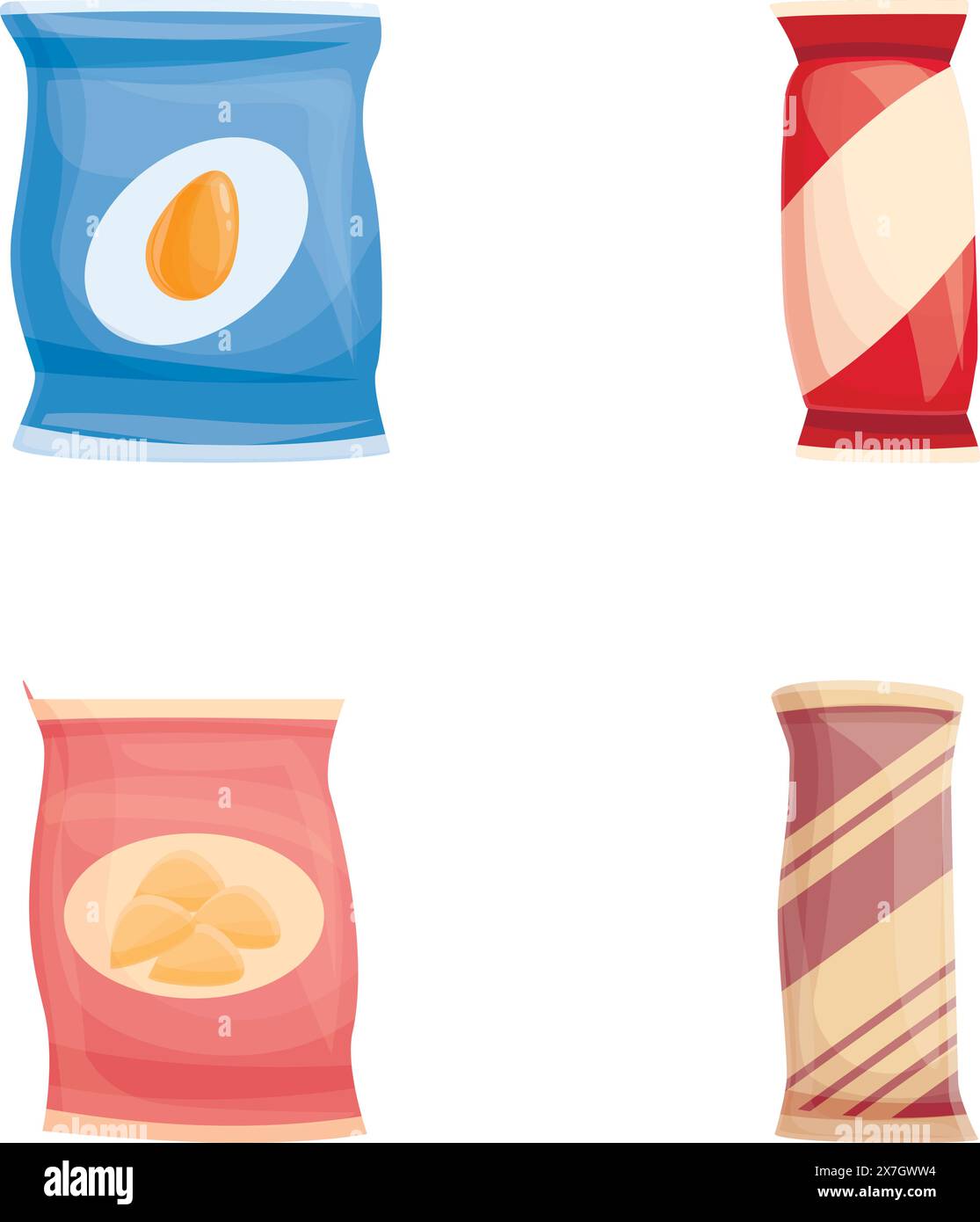 Snack product icons set cartoon vector. Various type of packaged snack ...