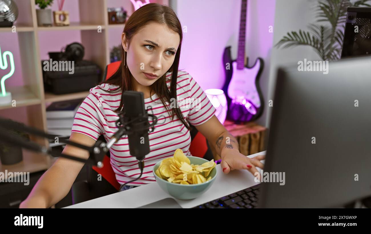 Young caucasian russian woman looking pensive at her computer in a well-equipped gaming room ...