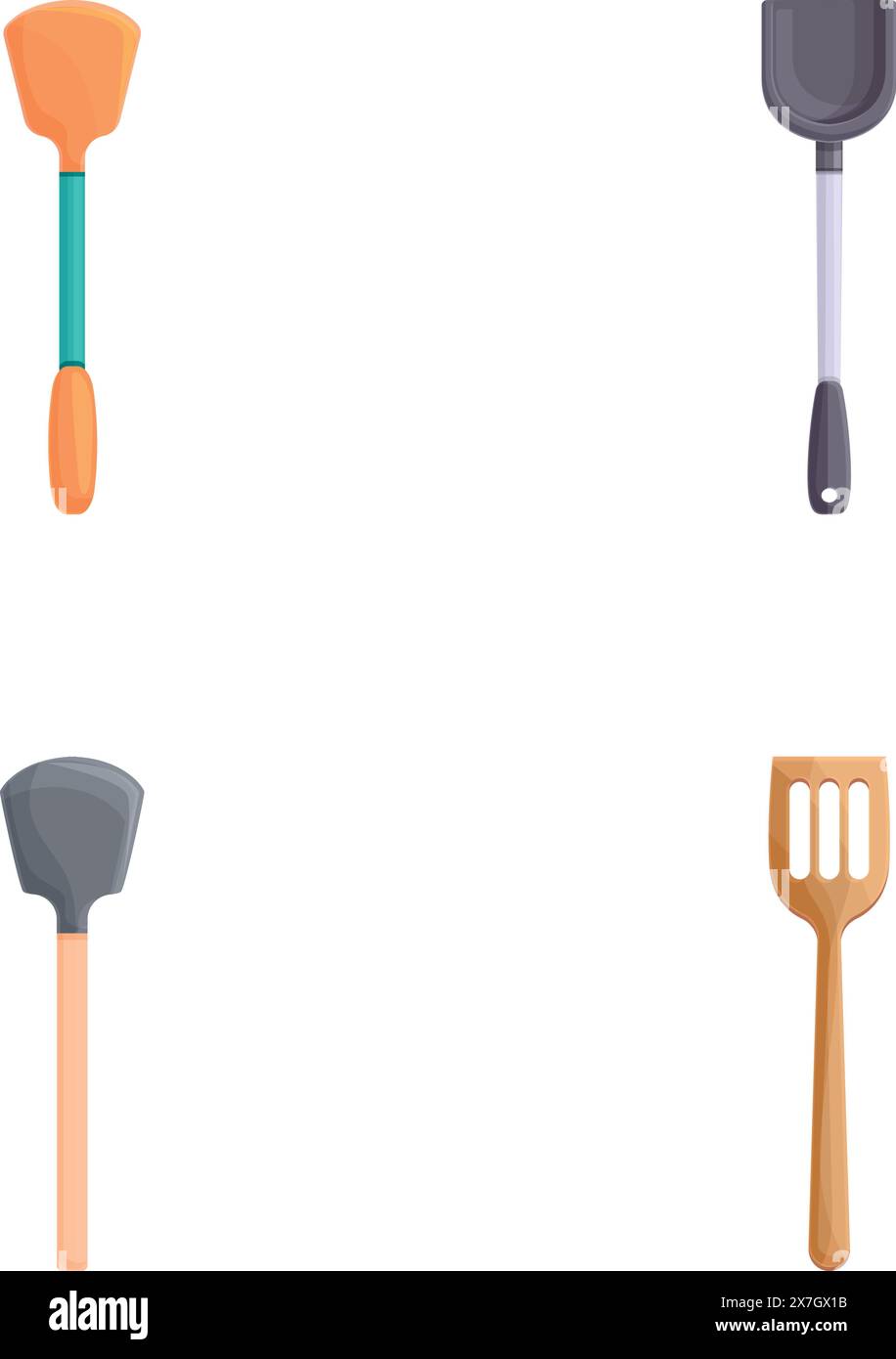 Cooking spatula icons set cartoon vector. Kitchen spatula of various ...