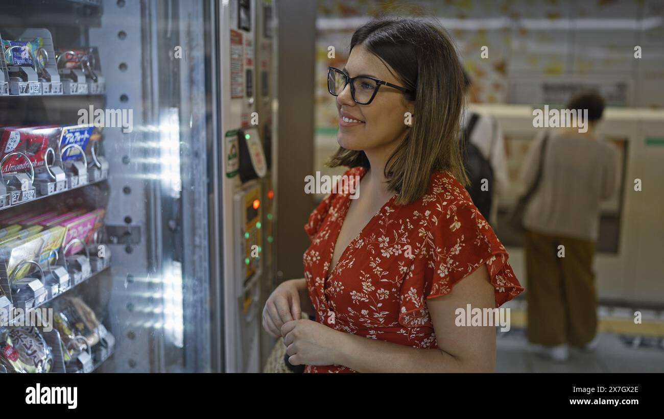 Cheerful and beautiful hispanic woman in glasses joyfully buying a ...