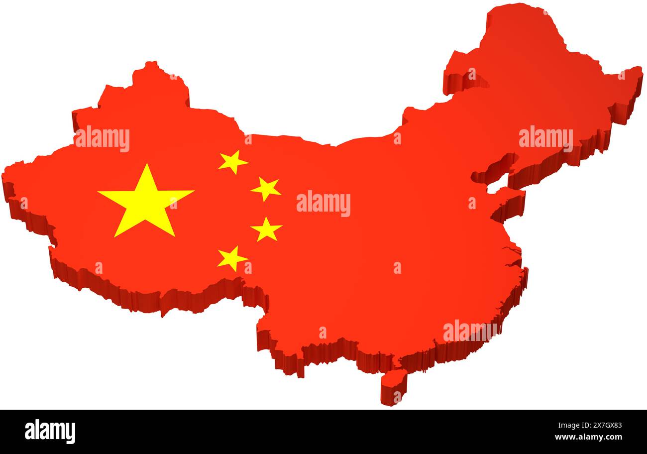 The map of China overlayed by the Chinese flag isolated on pure white ...