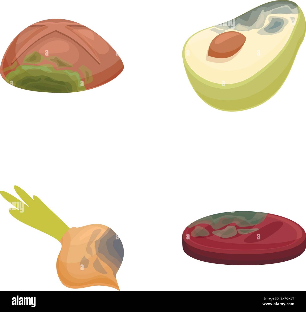 Rotten food icons set cartoon vector. Various spoiled and damaged ...