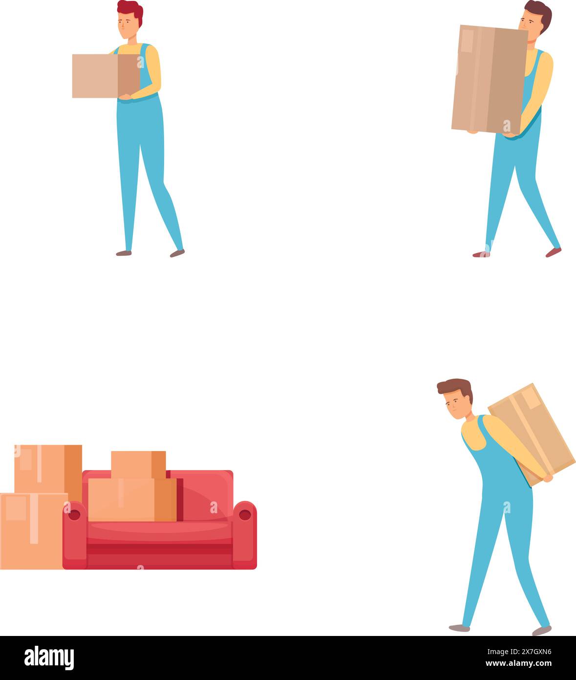 Delivery worker icons set cartoon vector. Worker man in uniform carry ...