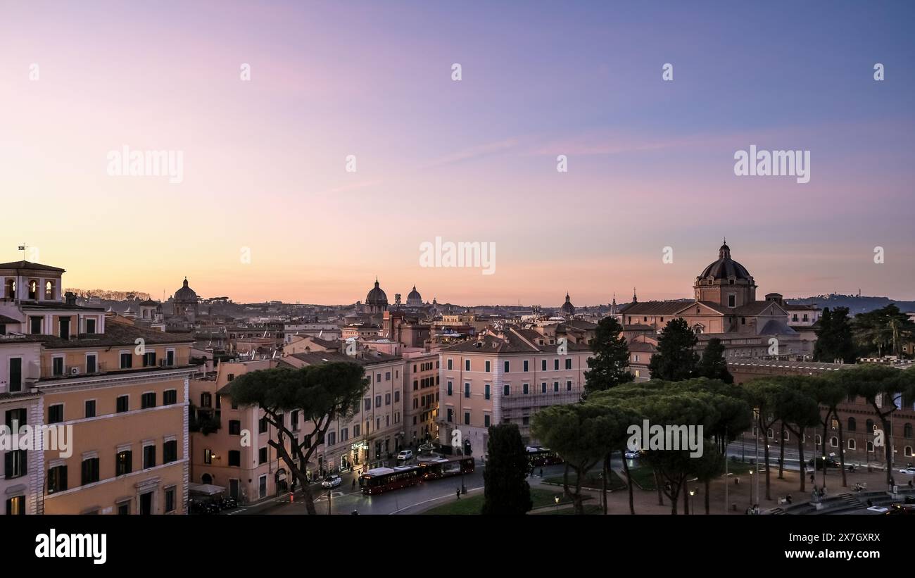 Cityscape of the historic center of Rome at sunset from the Victor ...