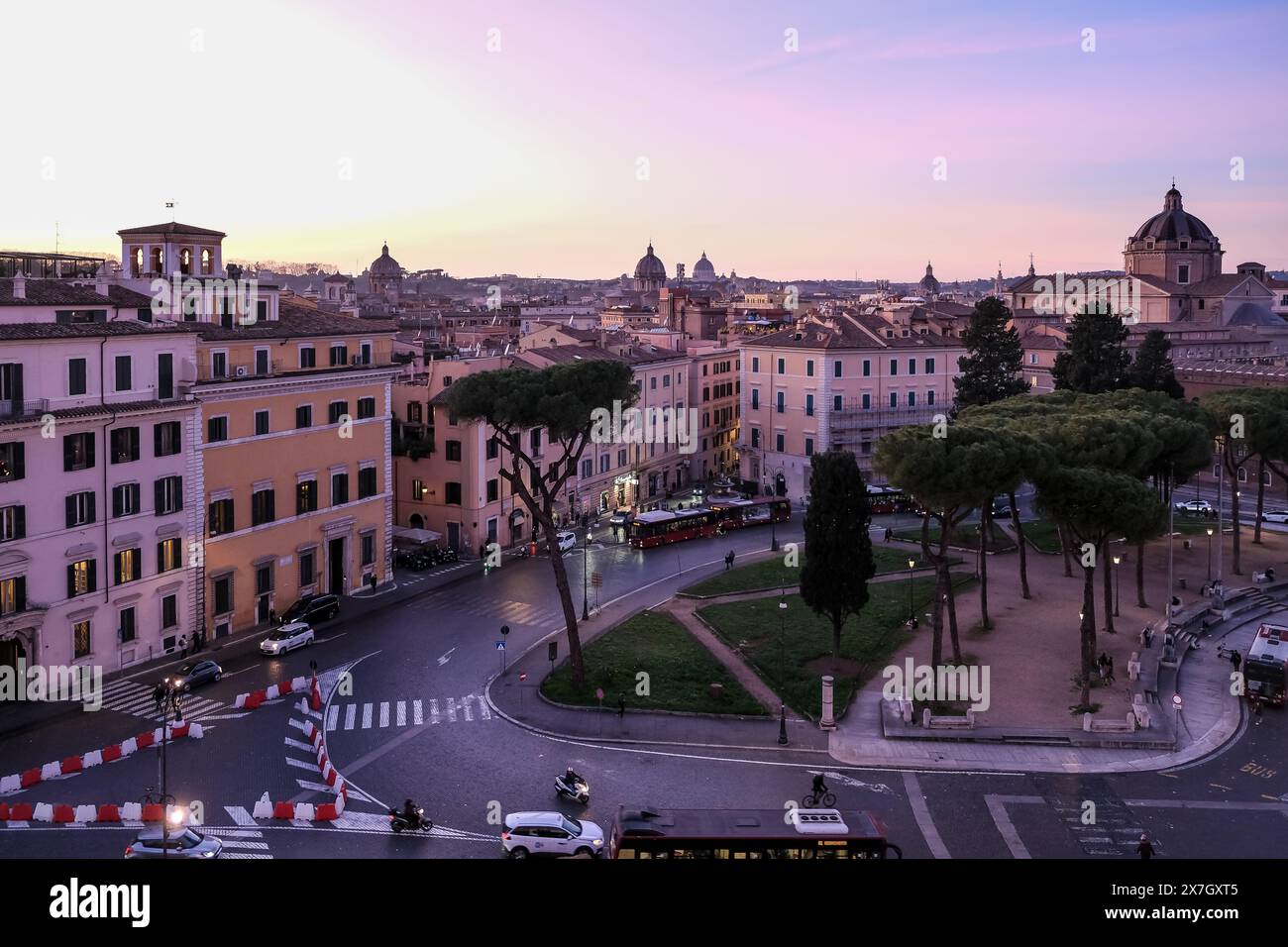 Cityscape of the historic center of Rome at sunset from the Victor ...