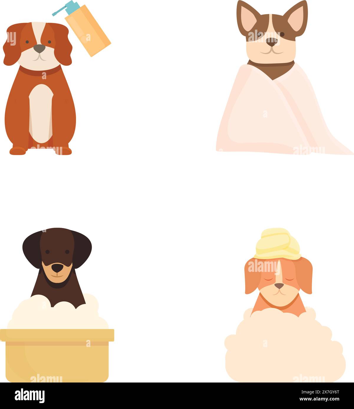 Dog spa icons set cartoon vector. Cute dog enjoying salon procedure ...