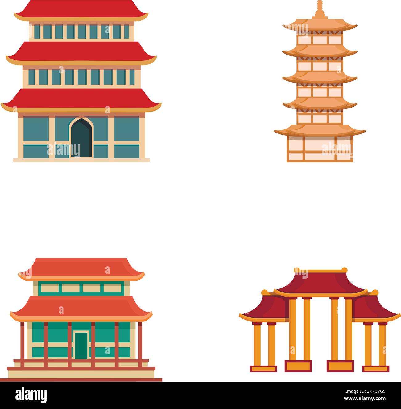 Chinese building icons set cartoon vector. Asian traditional pagoda ...