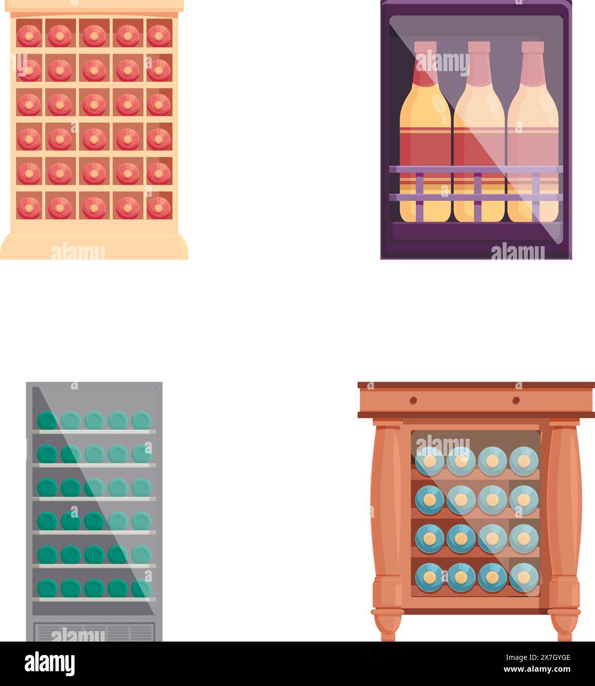 Wine cabinet icons set cartoon vector. Wine bottle inside wooden ...