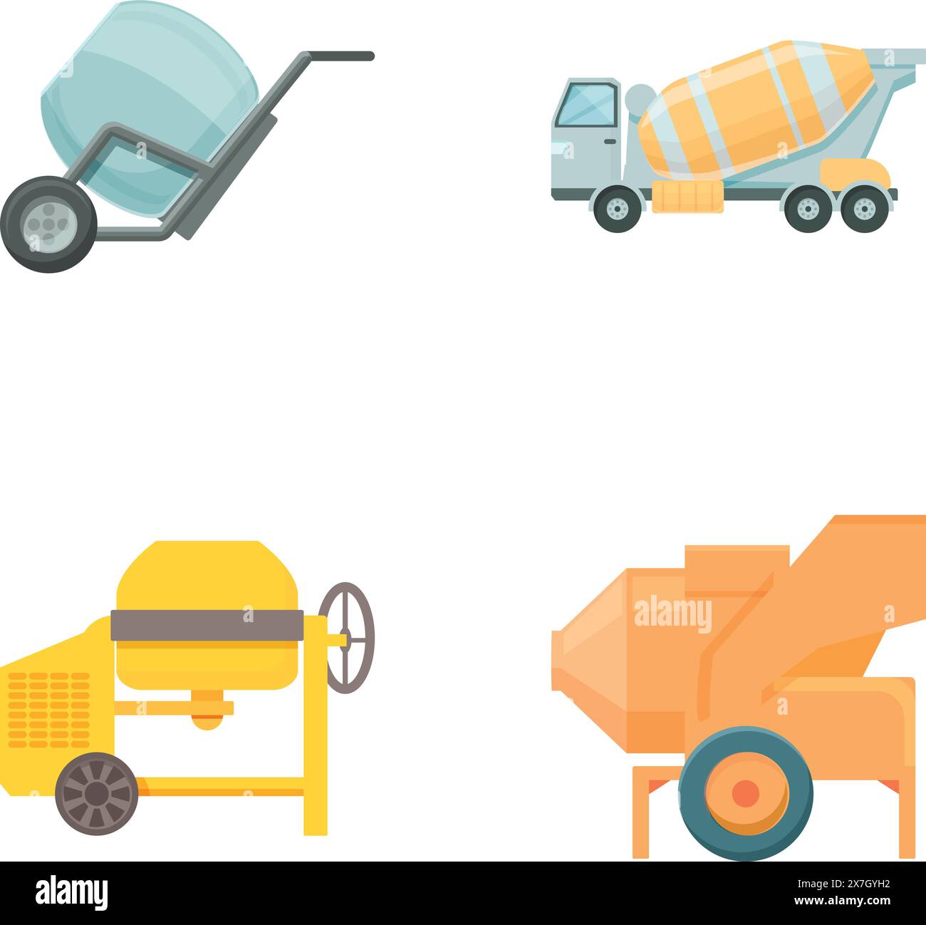 Concrete mixer icons set cartoon vector. Machinery for cement pouring ...