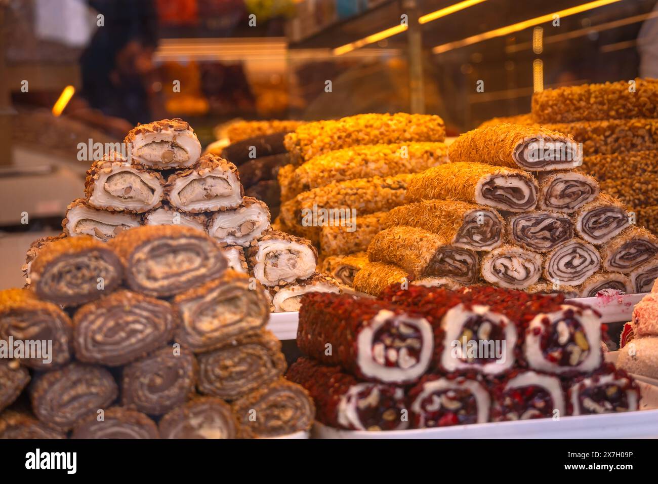 Traditional Turkish delight on the counter in close-up. Delicious ...