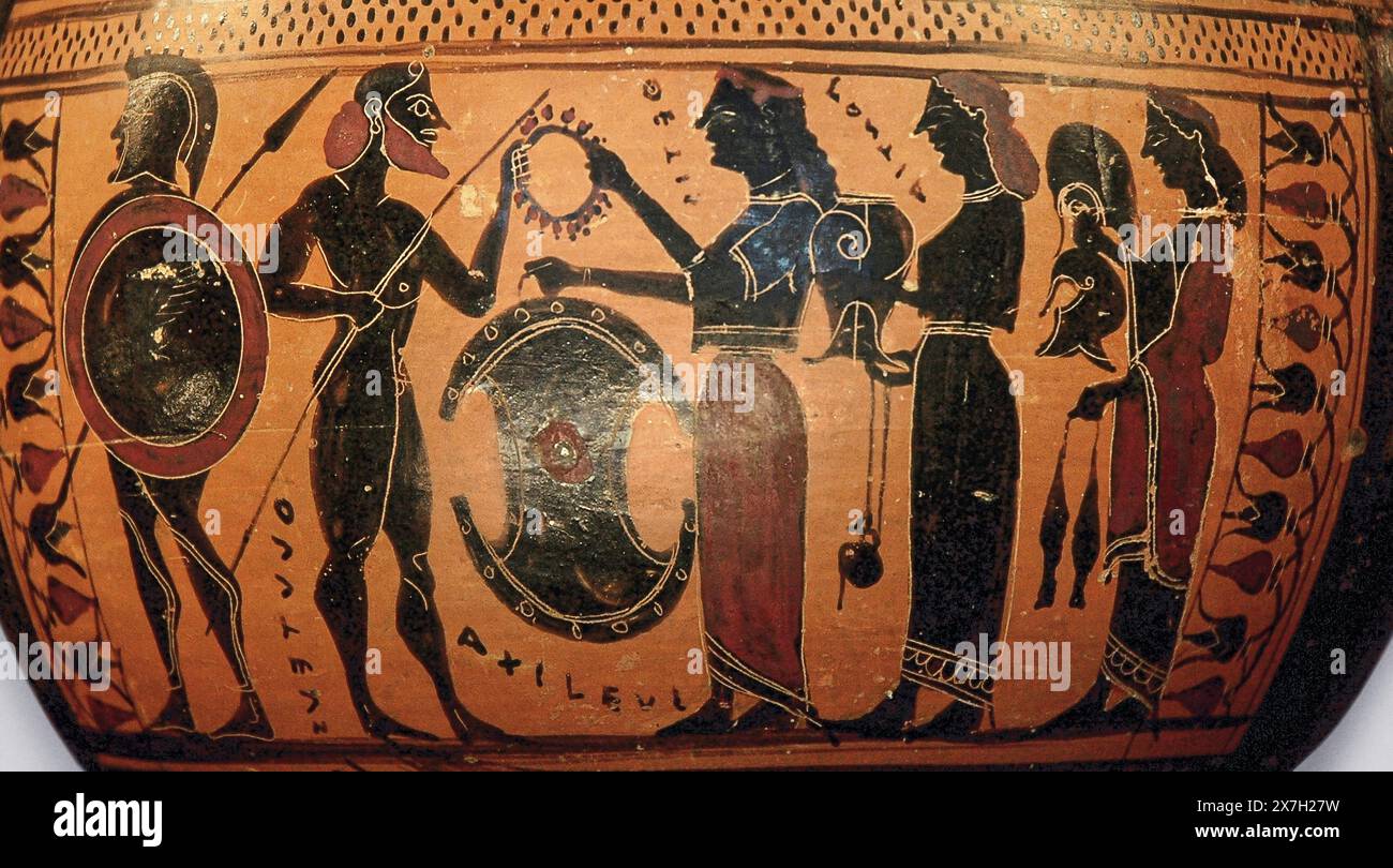 Black-figure vase depicting Thetis bringing new armour to Achilles, as ...