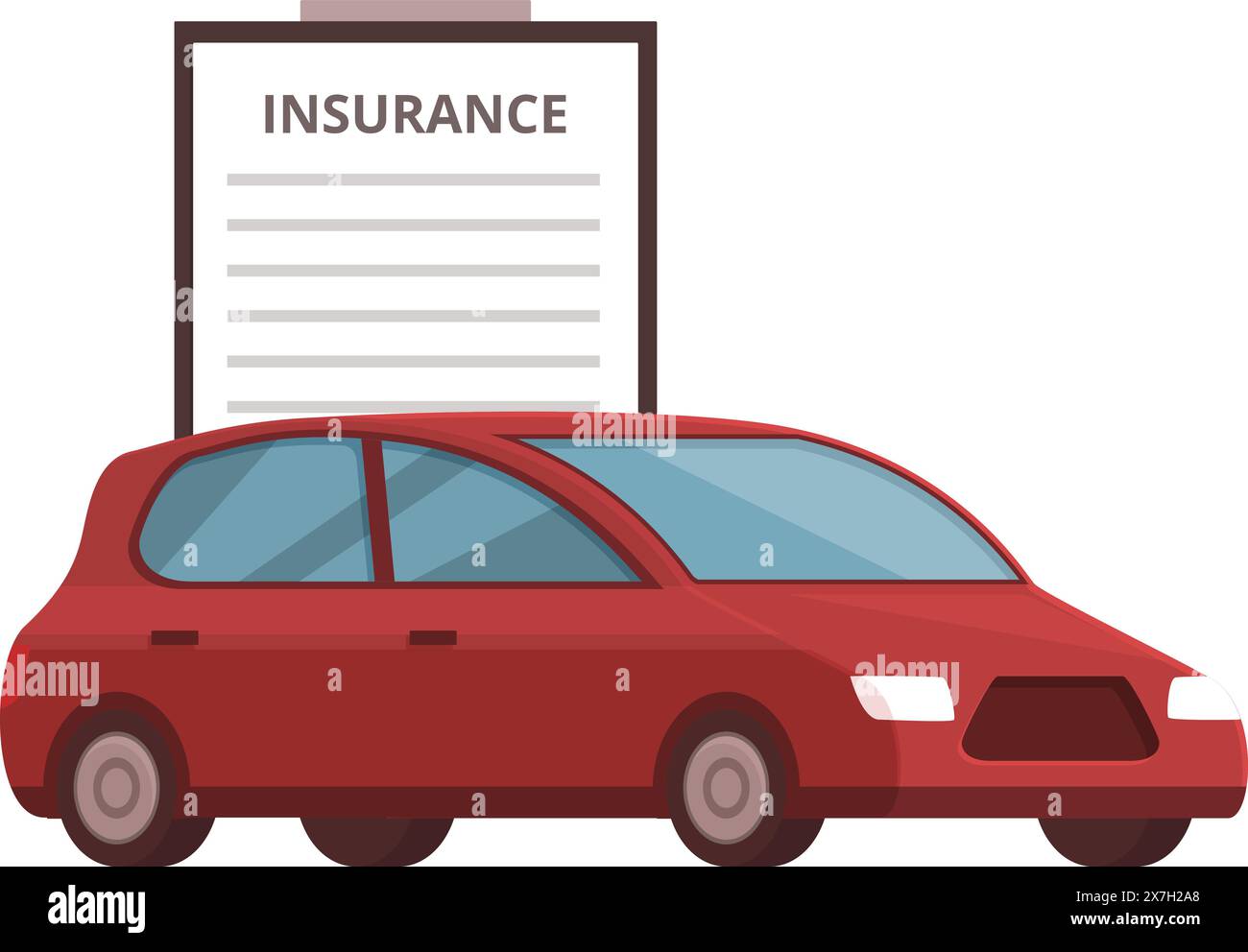 Flat design illustration of a red car alongside an insurance policy ...