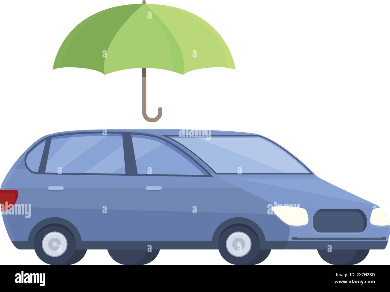Illustration of a blue car covered by a green umbrella, depicting ...
