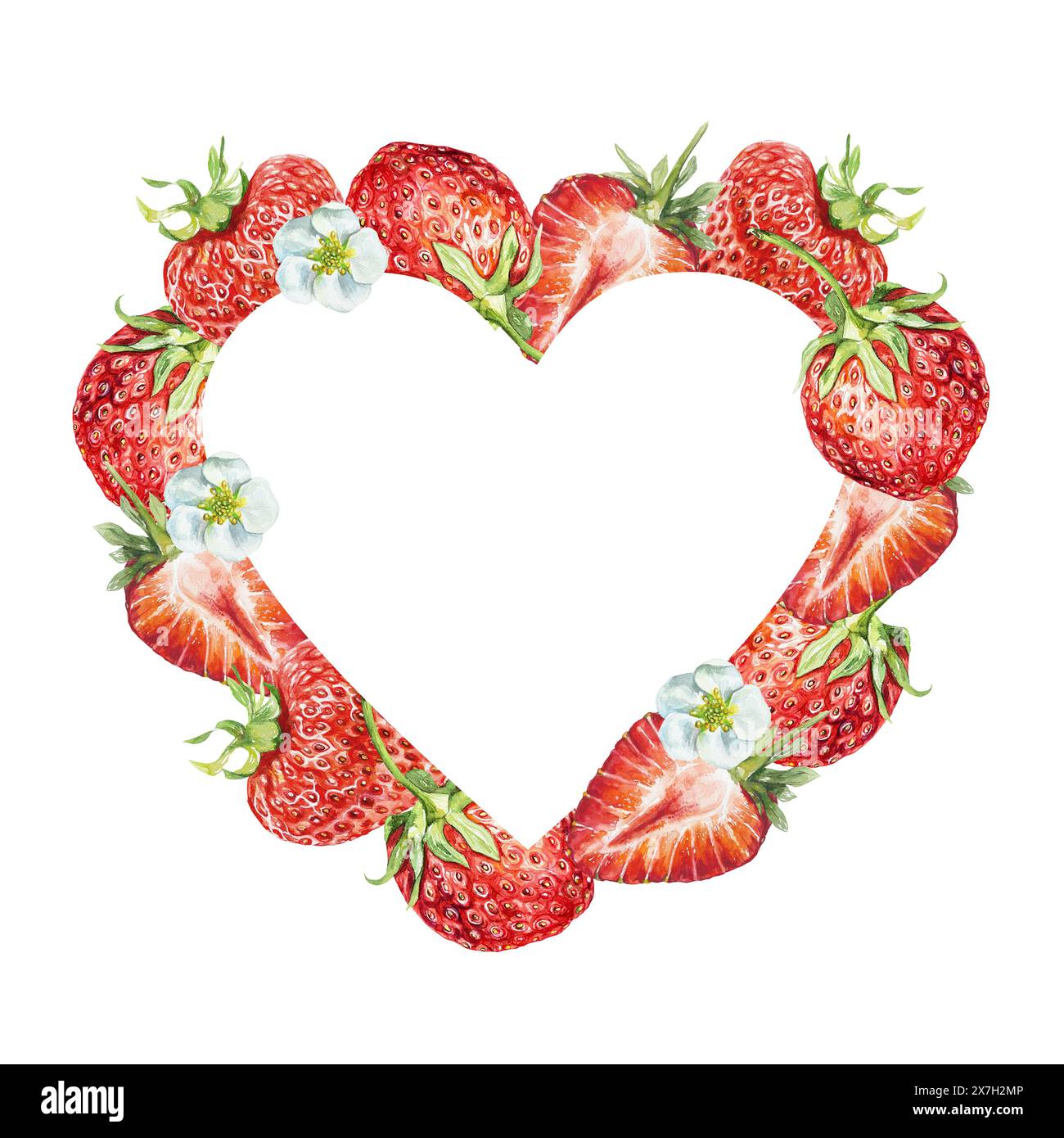 Strawberry. Frame in the shape of a heart. Berries, leaves, flowers ...