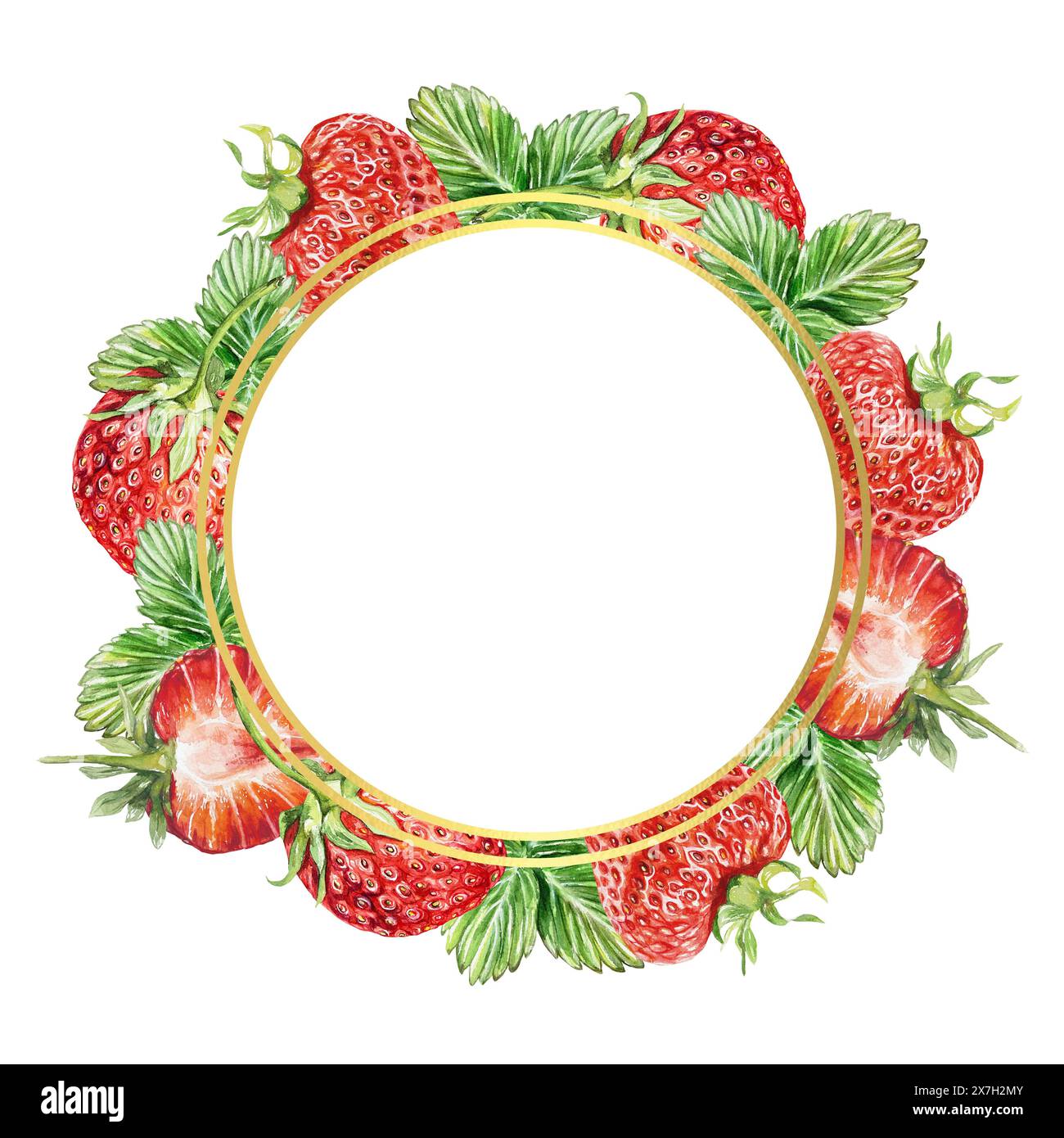 Strawberry. Wreath. Round gold frame. Berries, leaves, flowers ...