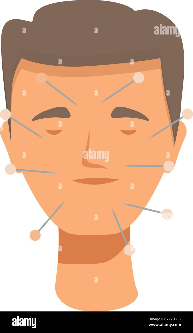 Vector graphic of a man face undergoing acupuncture, highlighting ...