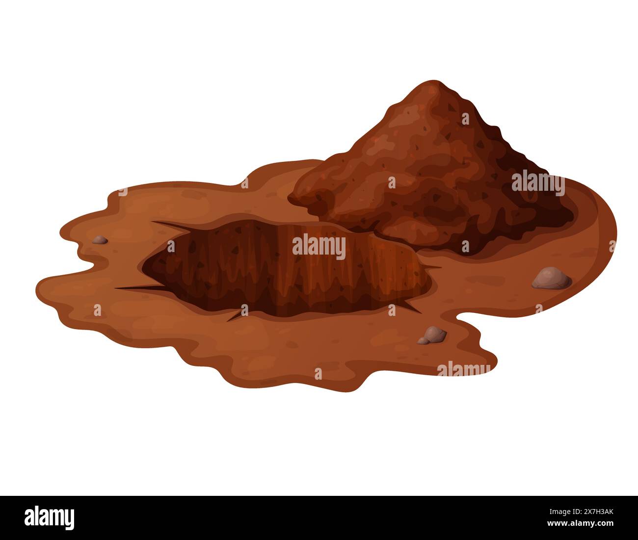 Deep hole in the ground with grass and stones. Brown soil, large cracks ...