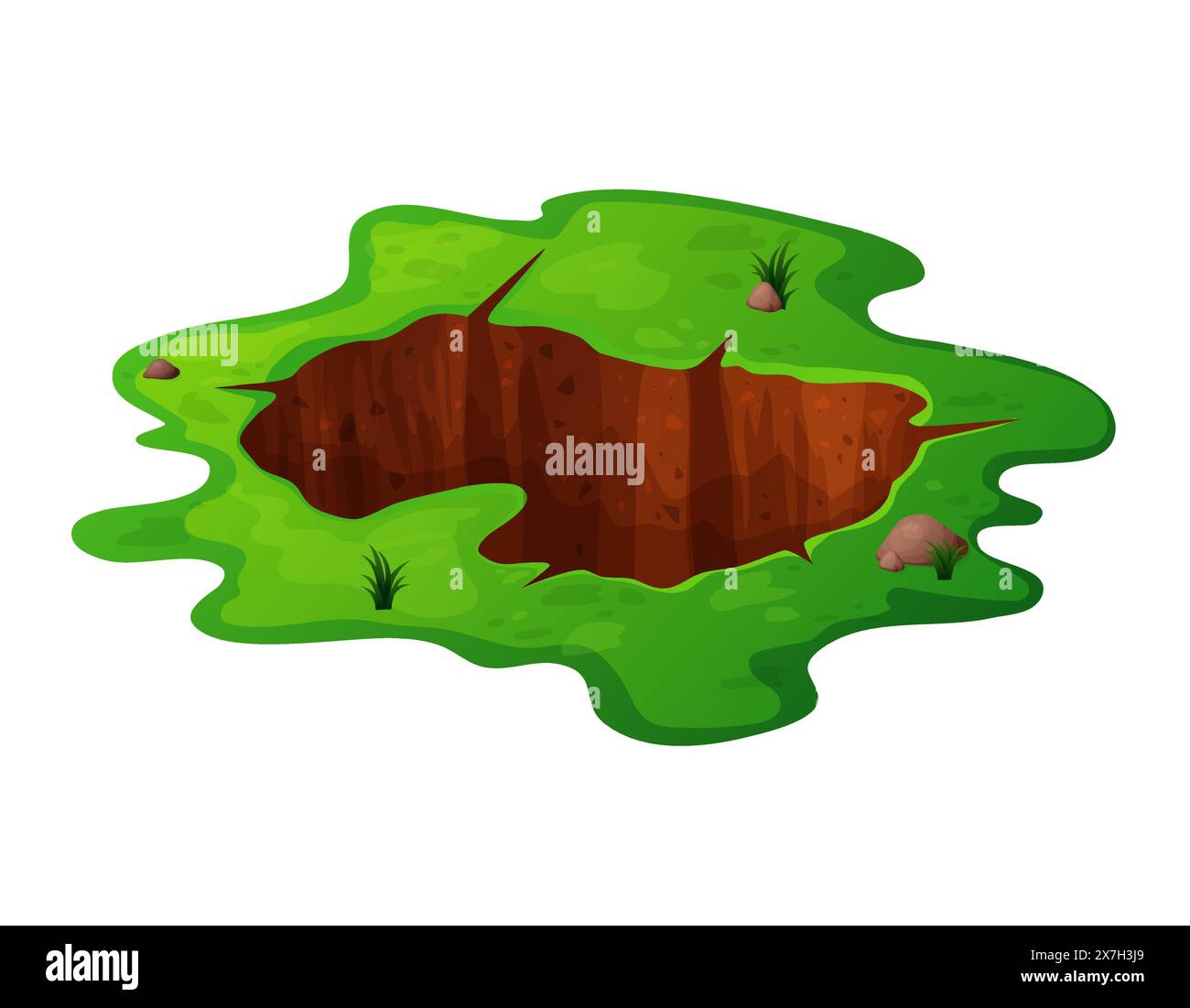 Ground pit hole in cartoon with stones and green grass. Dirty brown ...