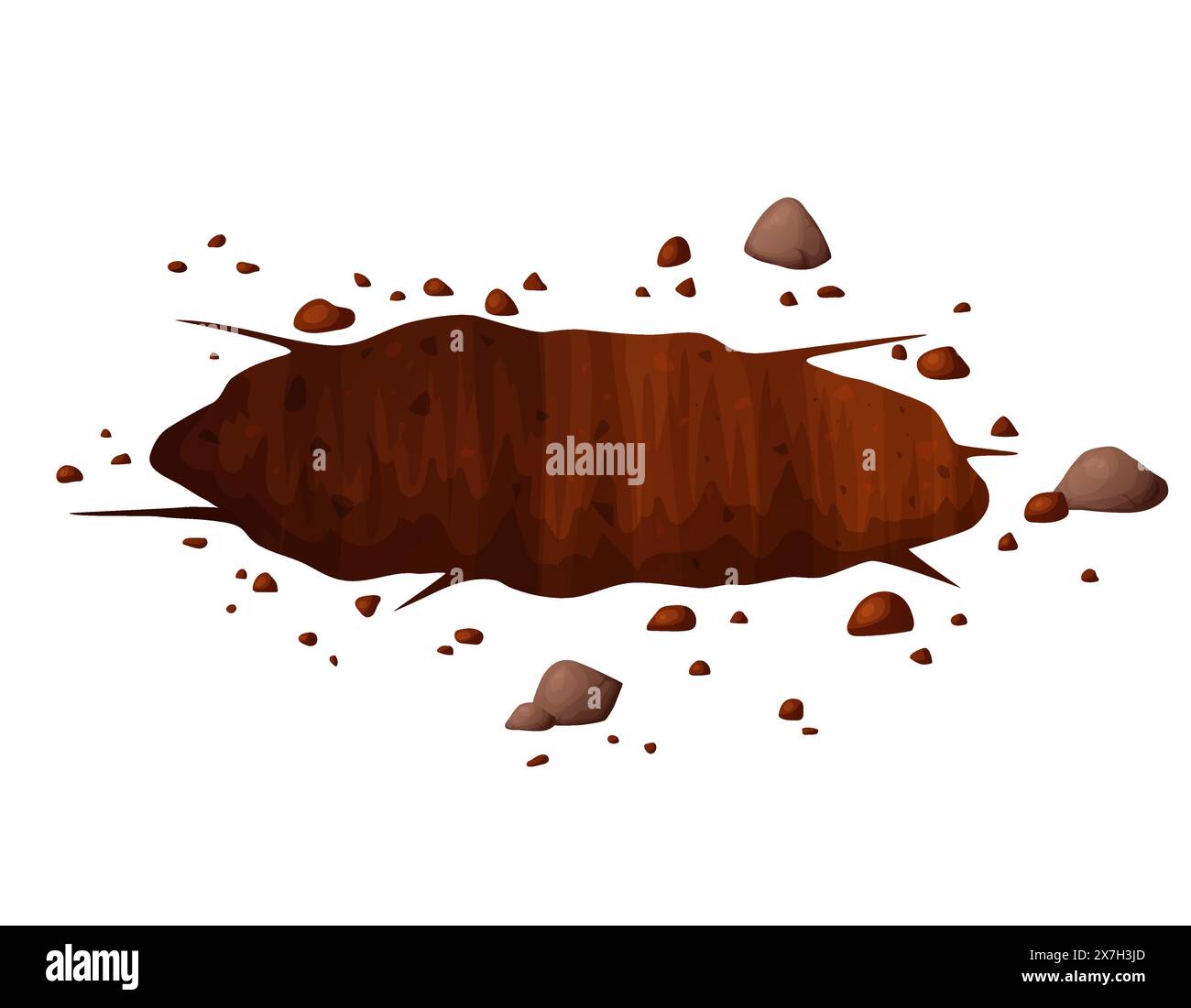 Deep hole in the ground with grass and stones. Brown soil, large cracks ...