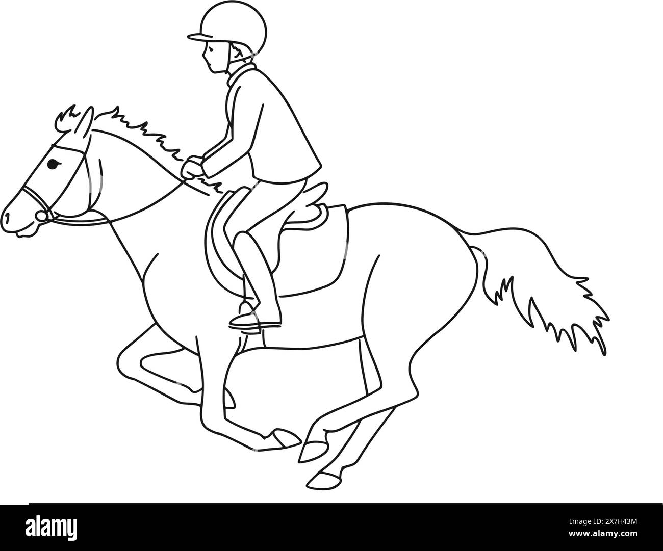 Young rider rides a pony during a competition, vector line art Stock ...