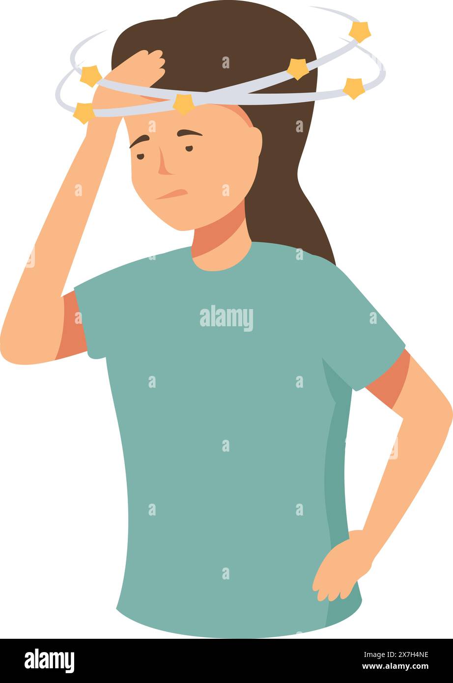 Vector graphic of a young woman experiencing vertigo, with stars ...