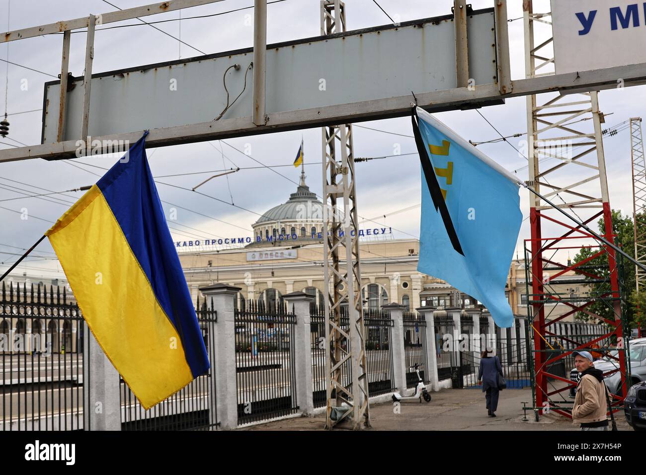 ODESA, UKRAINE - MAY 18, 2024 - The flags of Ukraine and the Crimean ...