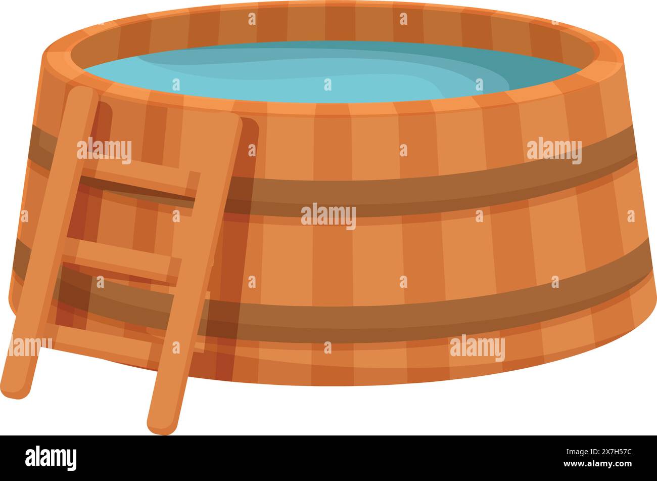 Cartoon illustration of a round wooden hot tub with steps, isolated on ...