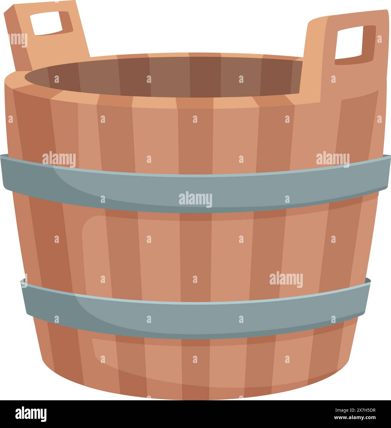 Rustic cartoon wooden bucket illustration with metal bands and handle ...
