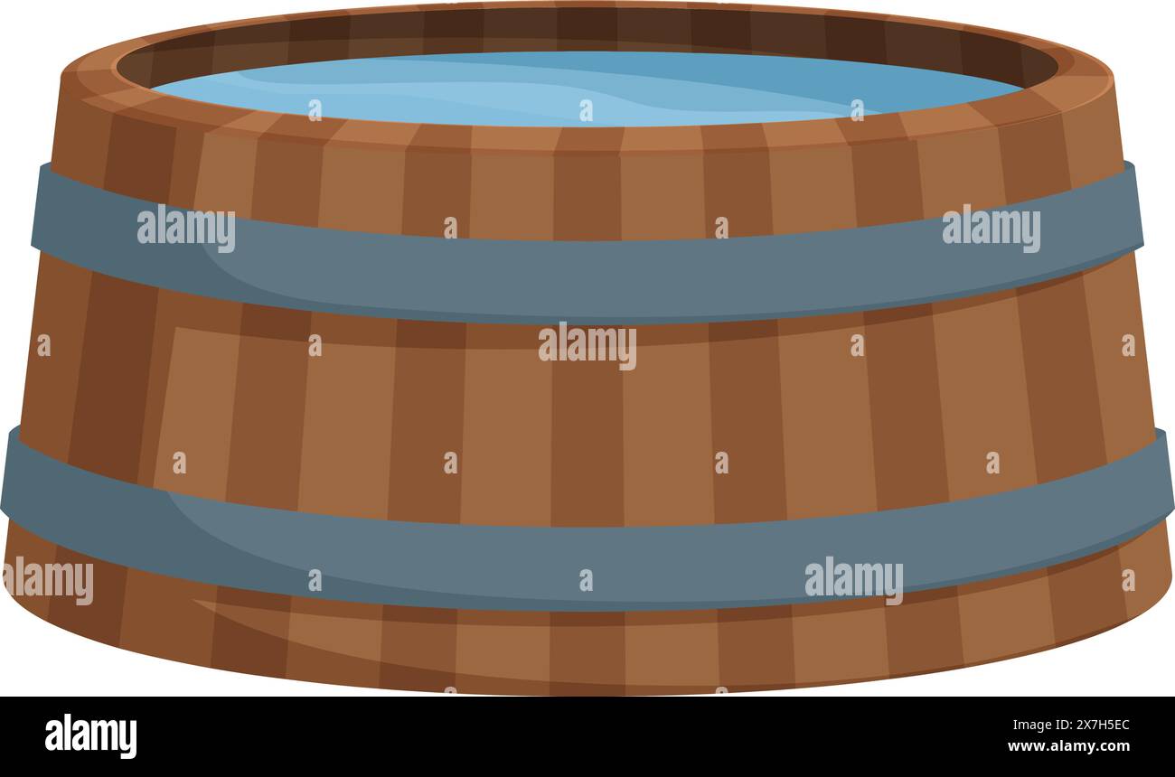 Detailed illustration of a classic wooden barrel filled with water on a ...