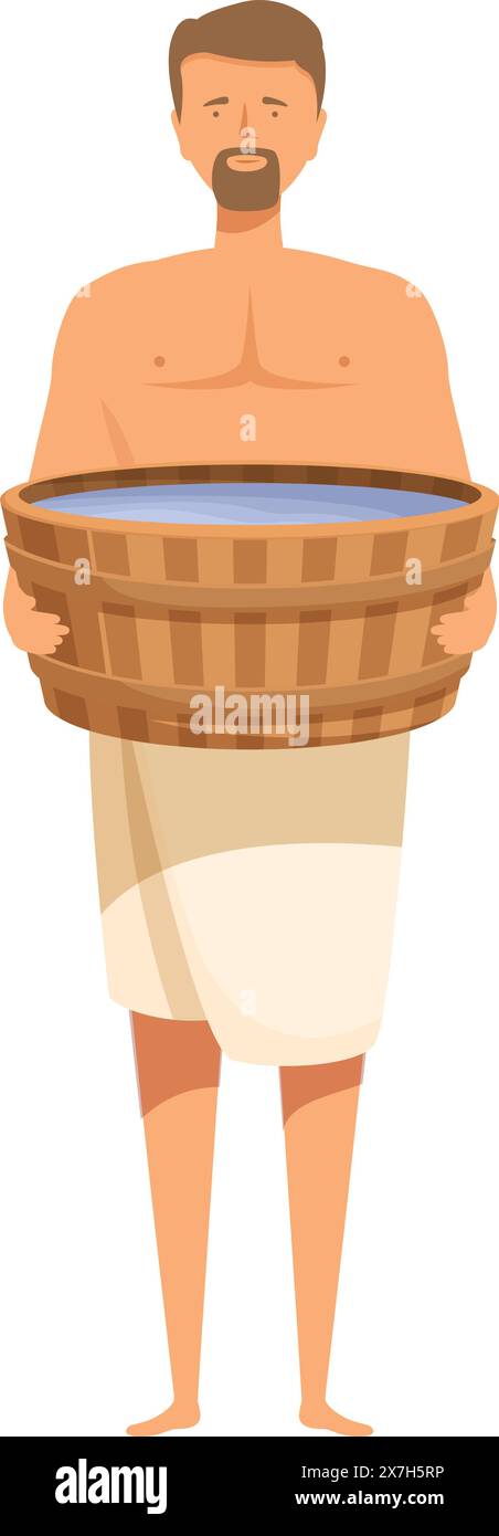 Cheerful cartoon man standing and holding a large wooden bucket ...