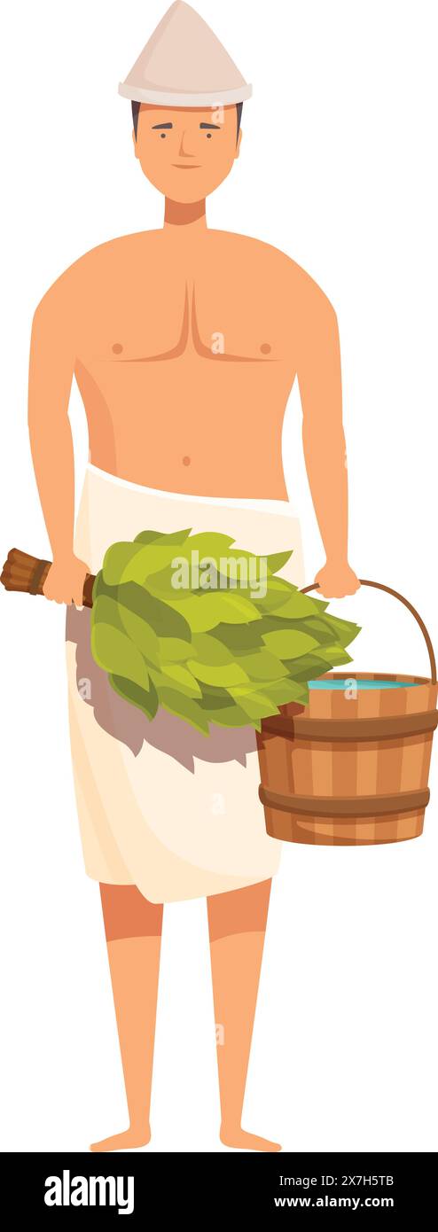 Vector illustration of a sauna attendant with a vihta and wooden bucket ...