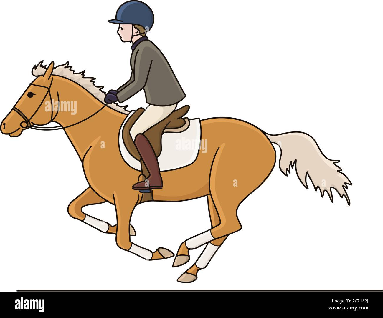 Young rider rides a beautiful pony during a competition. Vector ...