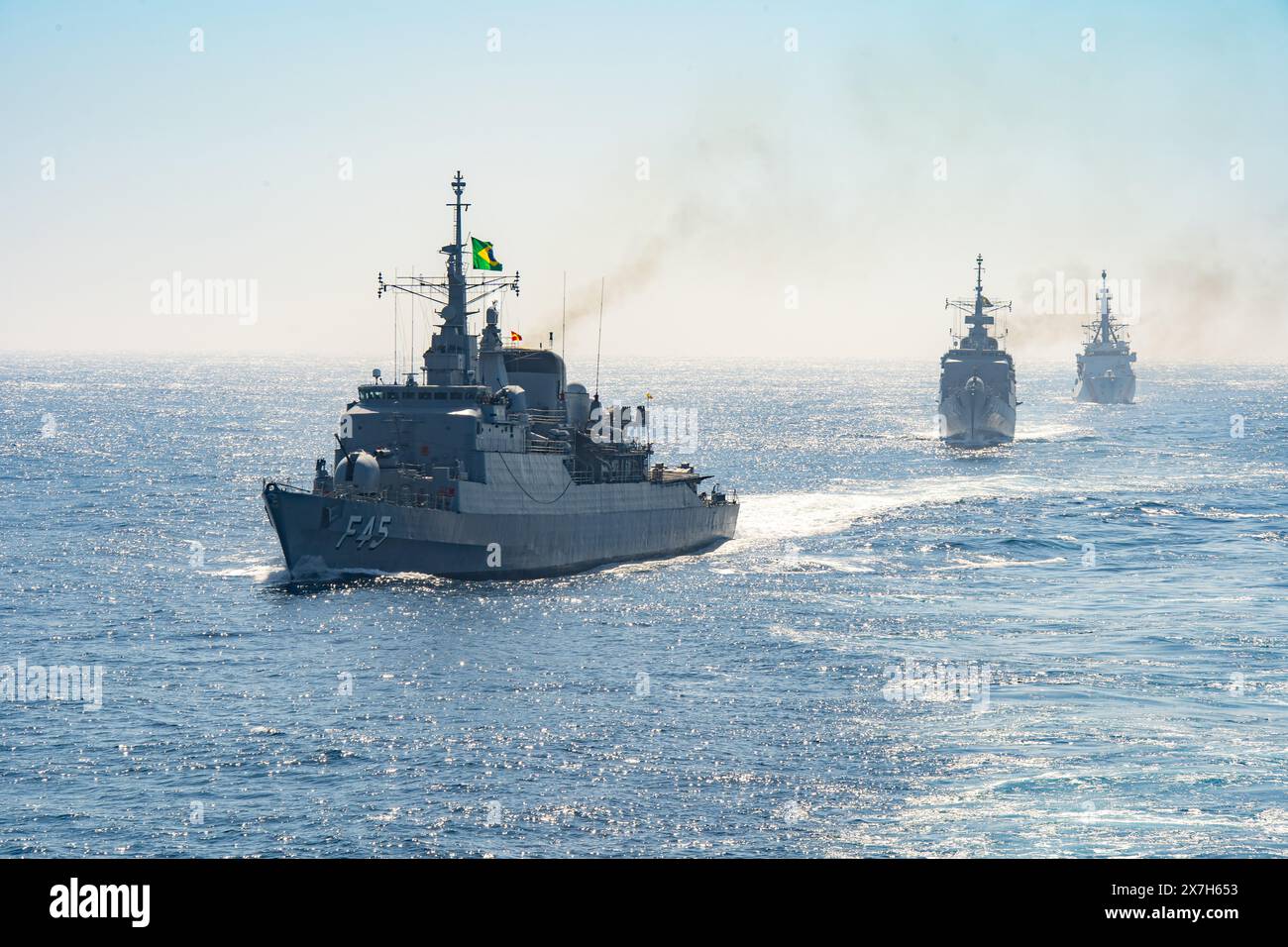 Brazilian navy Niterói-class frigates União (F 45), left, Independência ...