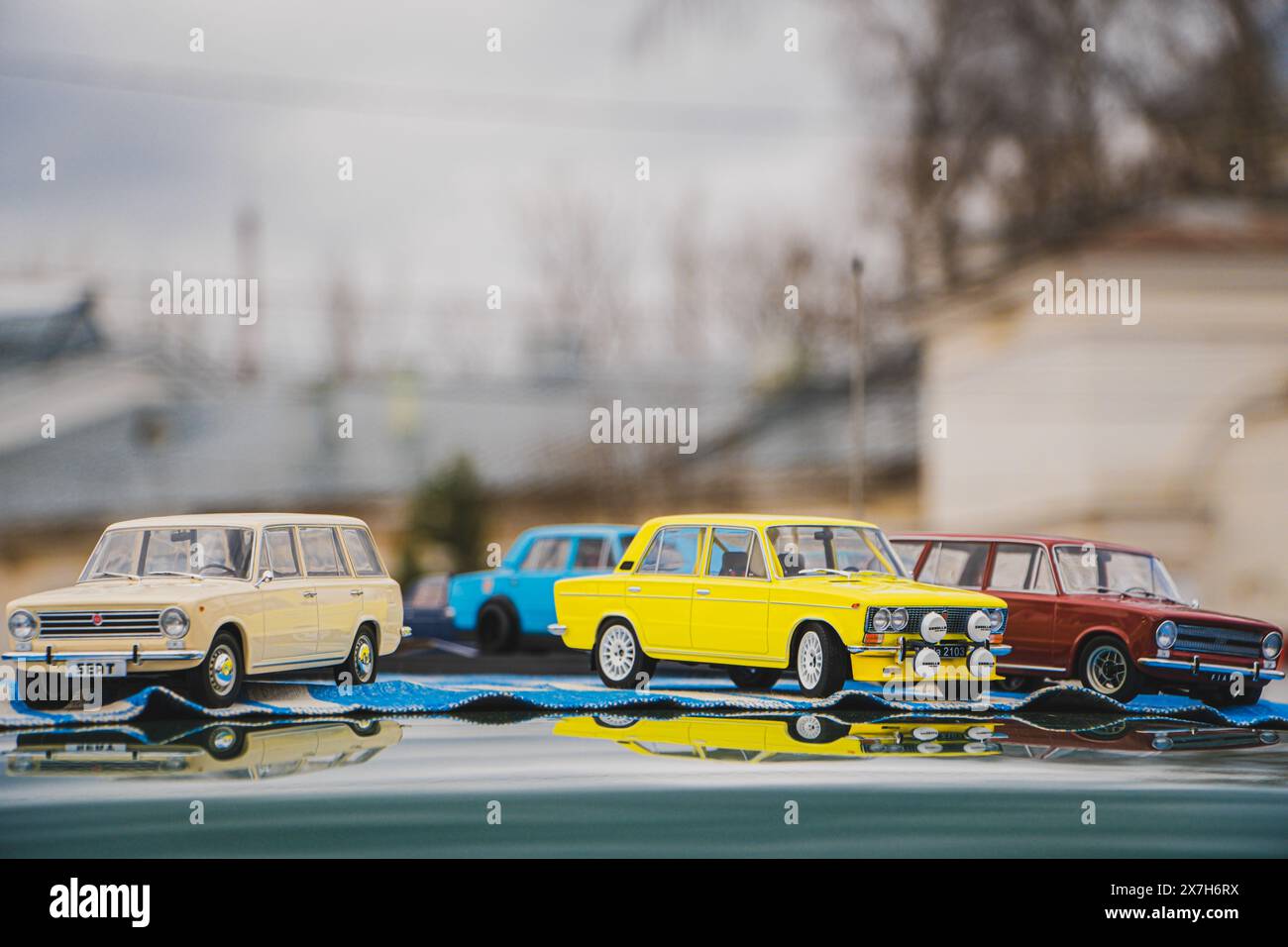 Mini models of old Soviet and Russian cars. Tver, Russia: April 23 ...