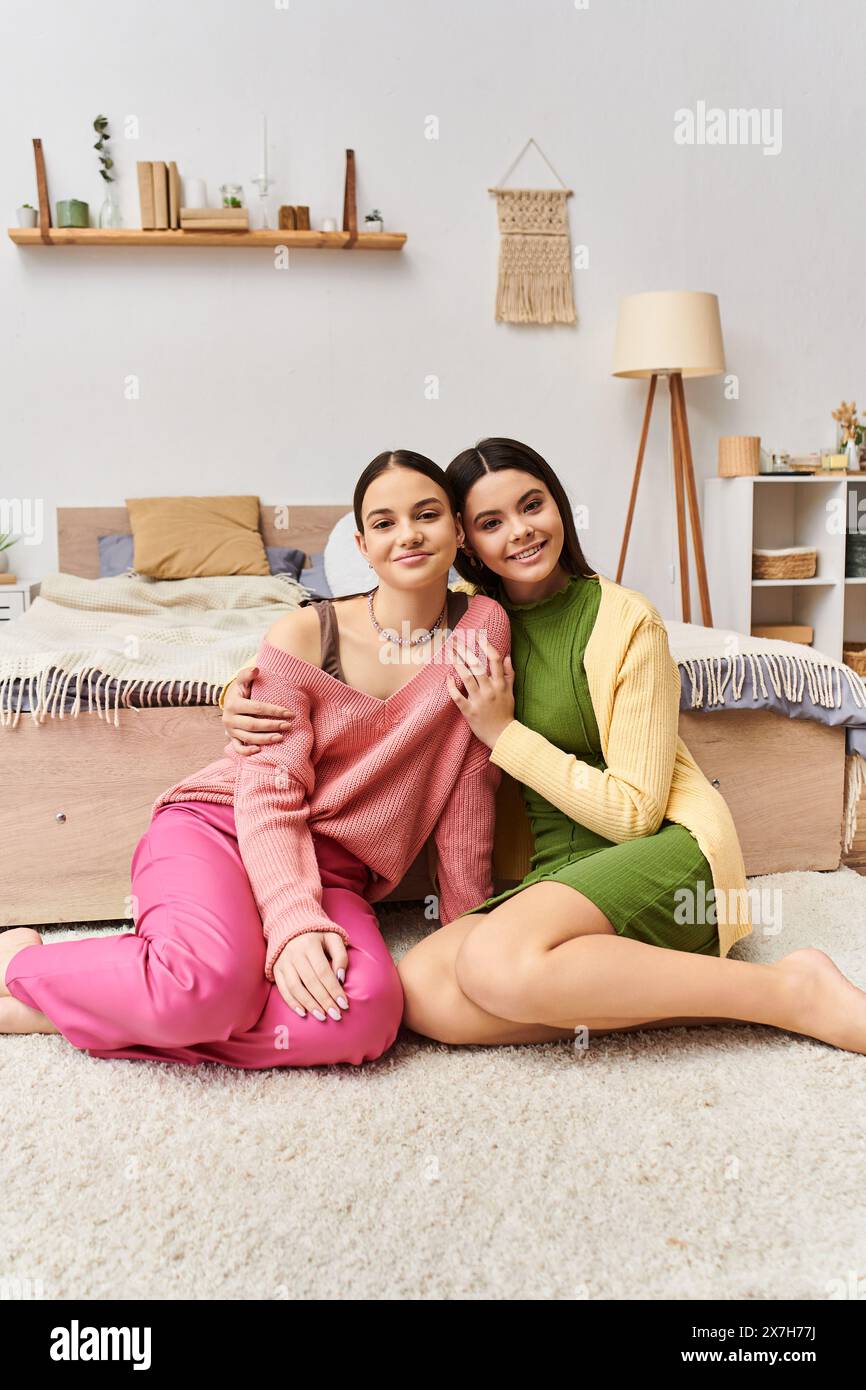 Two pretty teenage girls in casual attire sit on the floor hugging each ...