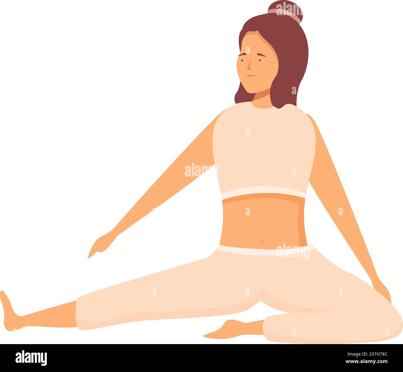 Serene illustration of a woman performing a seated stretch in a peaceful yoga practice setting ...