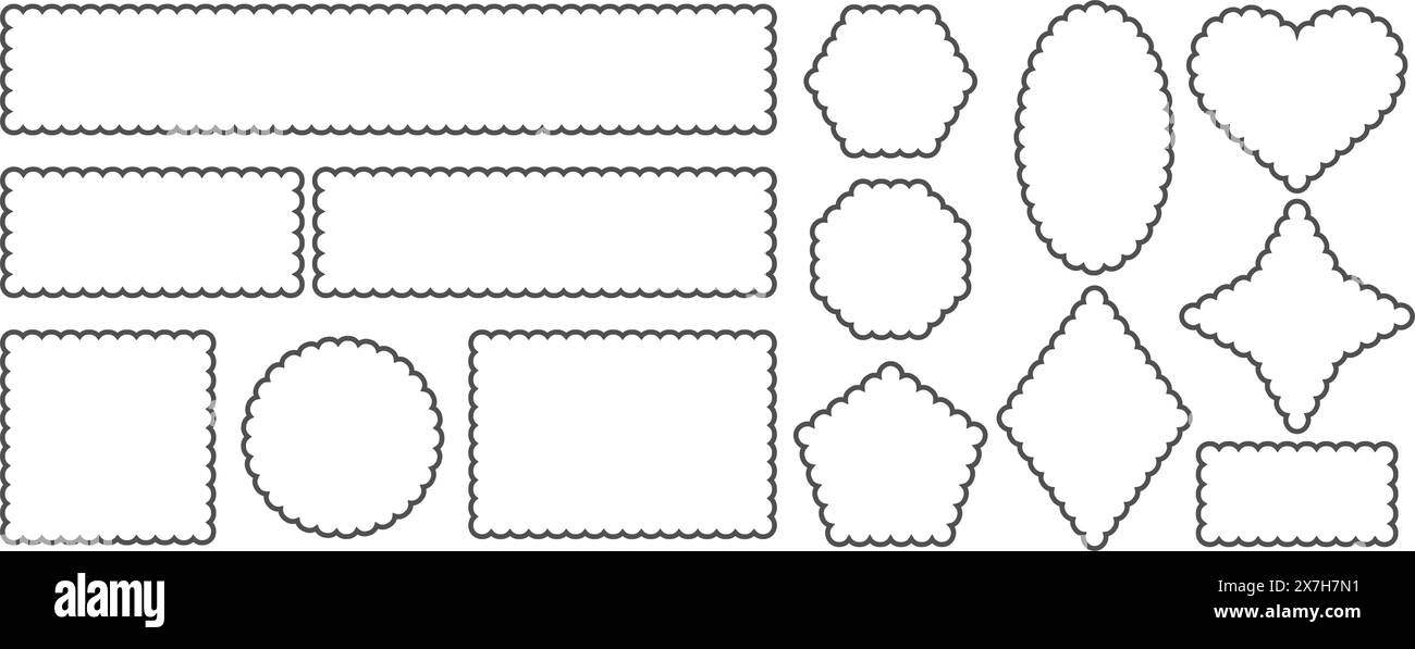 Scallop edge frame. Rectangle and circle outline shapes. Vector square ...