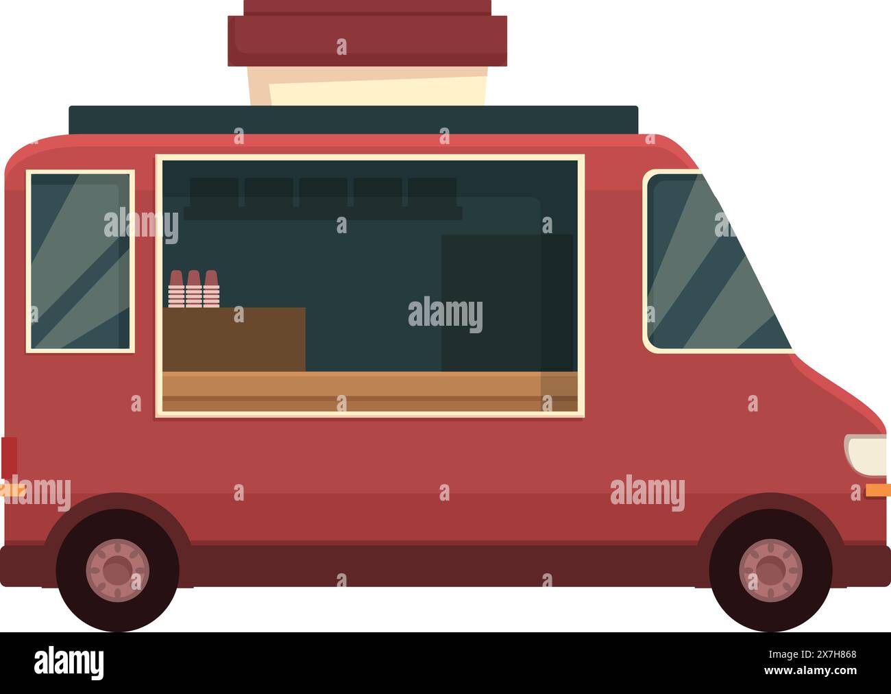 Flat design vector of a cartoonstyle red food truck with service window ...