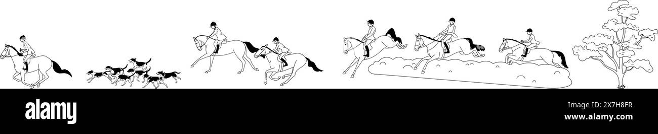 Black and white vector illustration of a fox hunt. Vector illustration ...