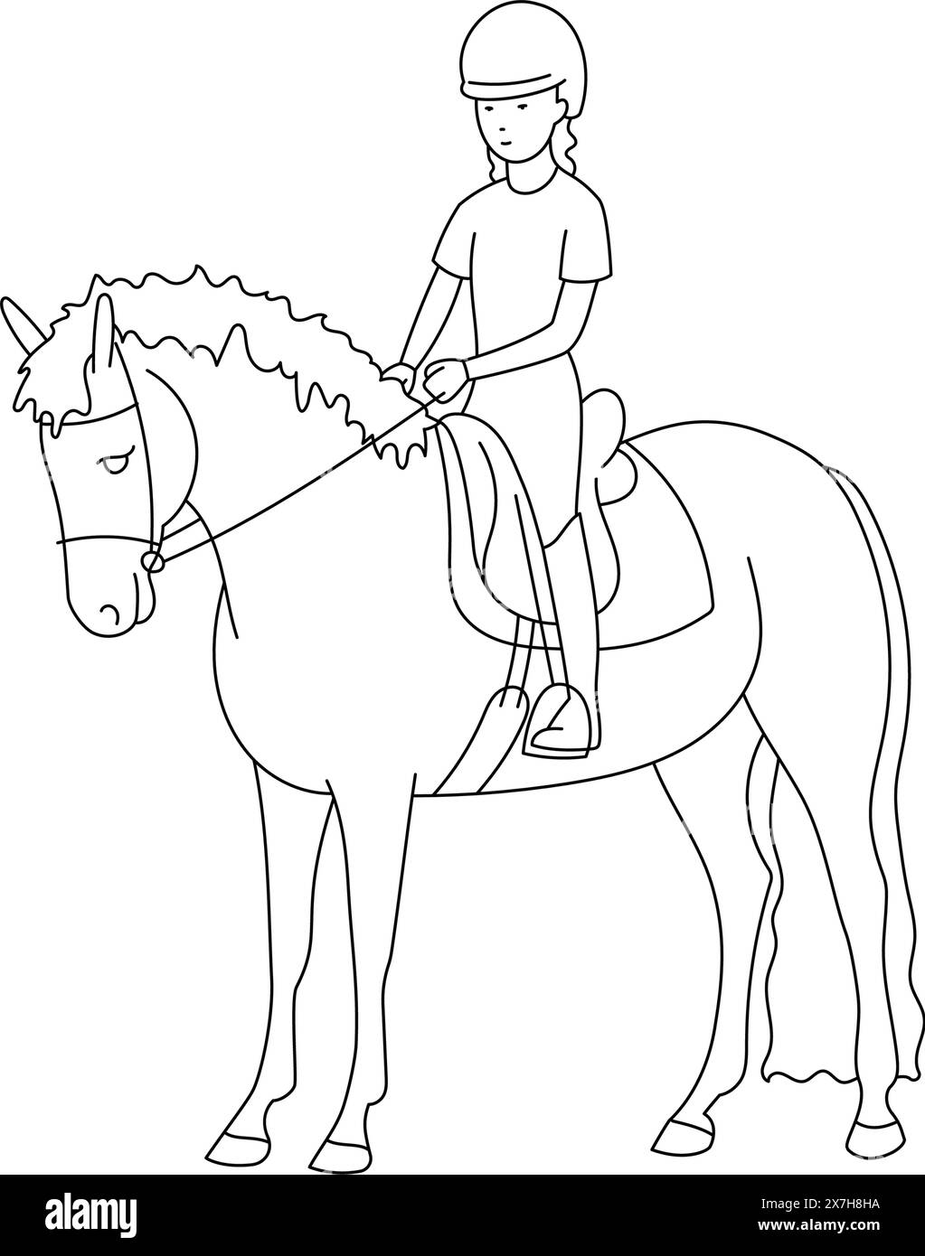 Cute little girl riding pony, vector outline. Vector illustration Stock ...