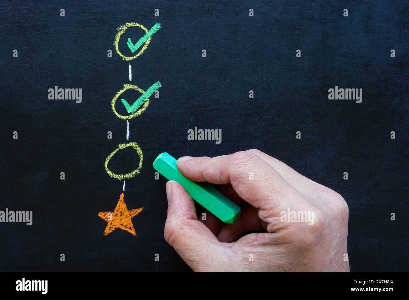 Hand with chalk ticks a project stage. Planning and achieving goals ...