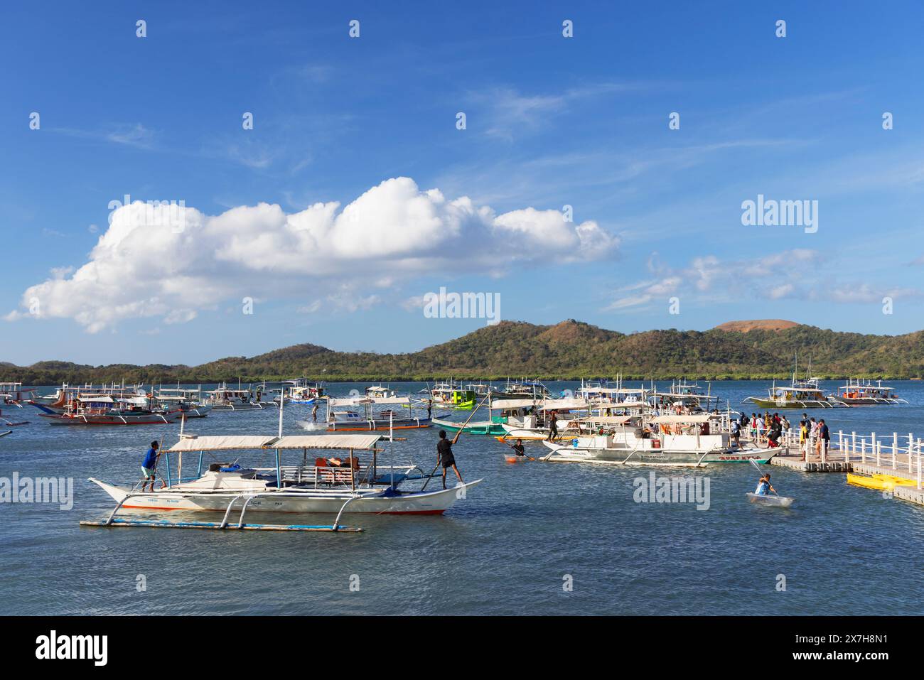 Tourist bangkas moored in port, Coron Town, Palawan, Philippines Stock ...