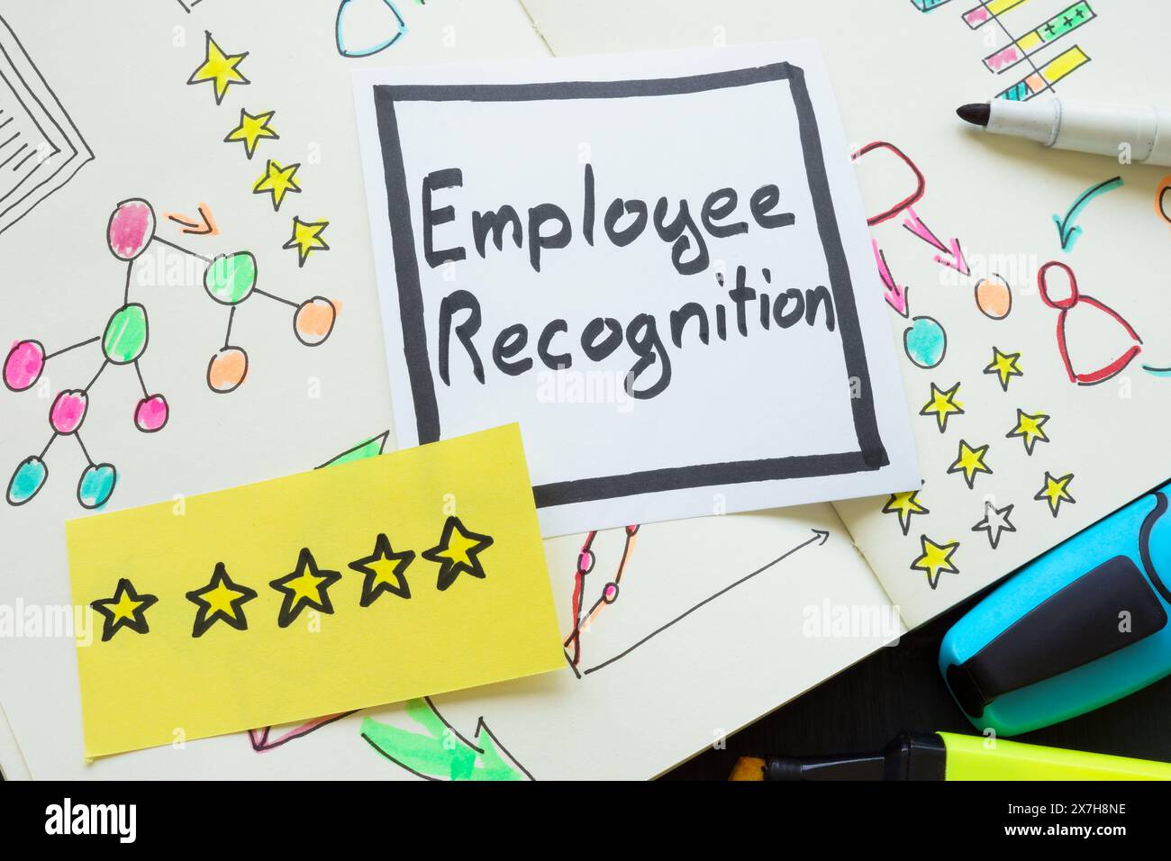 Business notepad and stickers with five stars and inscription employee ...