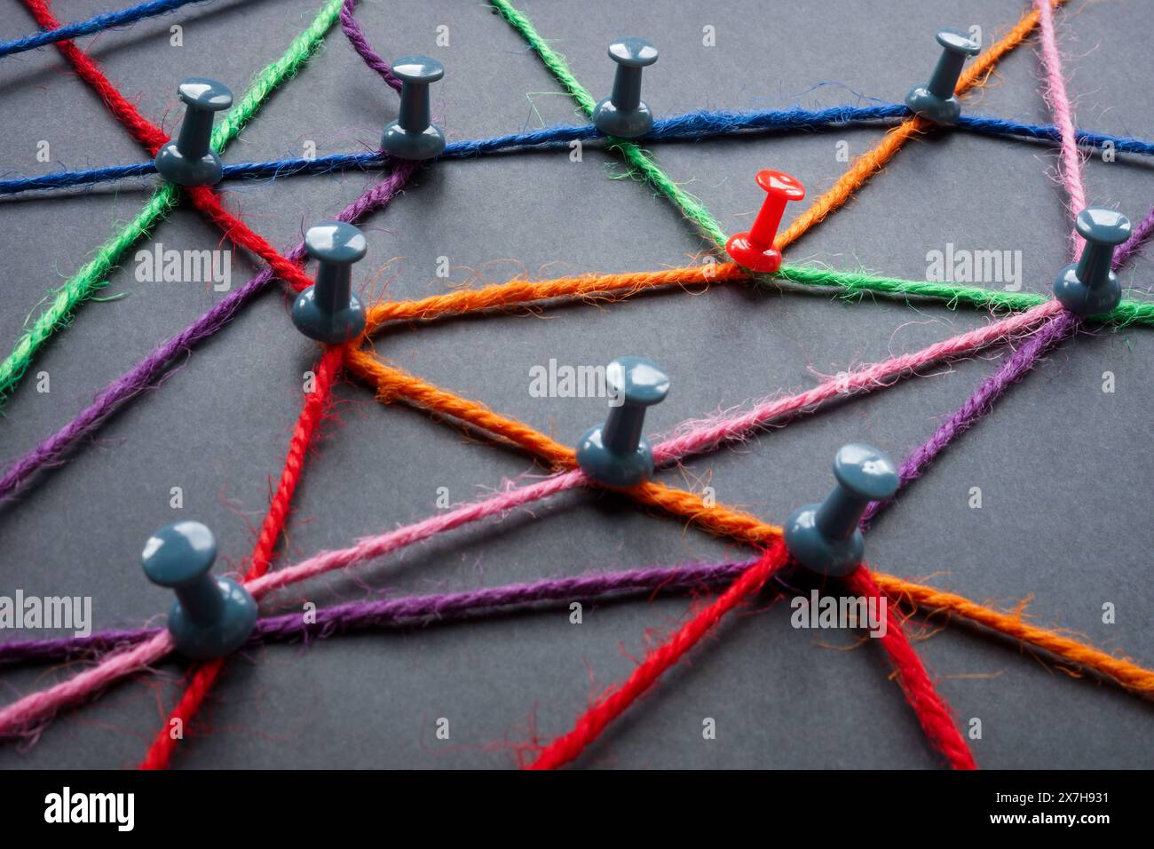A network of colored threads connecting pins as a concept for ...