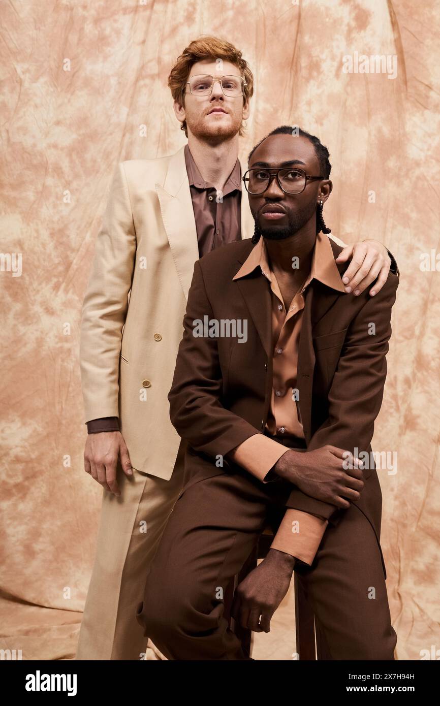 Two handsome men in elegant attire standing side by side Stock Photo ...