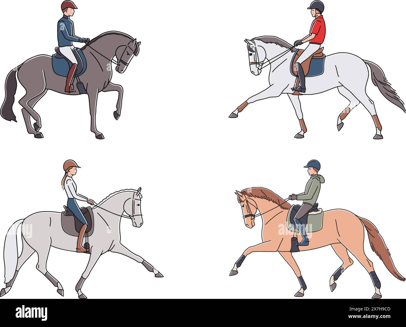 Set of equestrians riding horses. Simple colorful vector illustration ... Set of equestrians riding horses. Simple colorful vector illustration ...